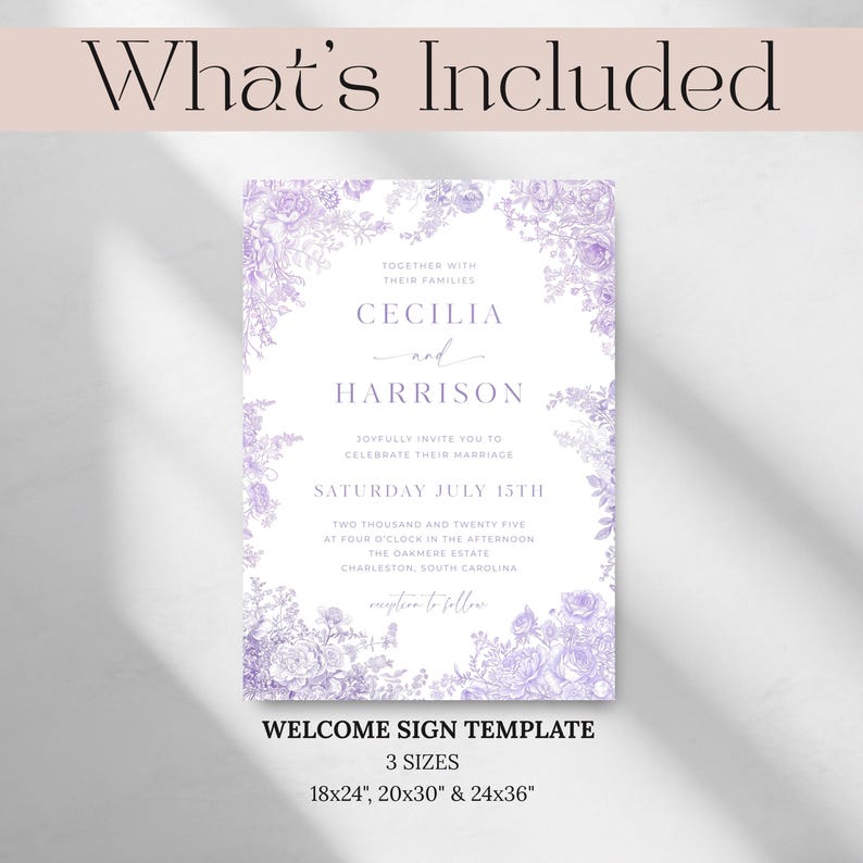 Purple Toile Wedding Welcome Sign | Lavender Floral Welcome Poster ...
