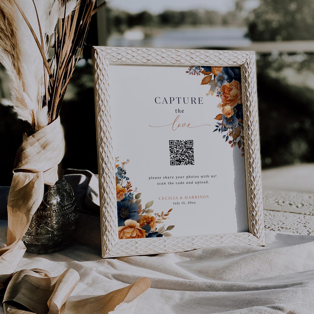 Navy and Orange Capture the Love Sign | Fall Terracotta QR Code Wedding ...