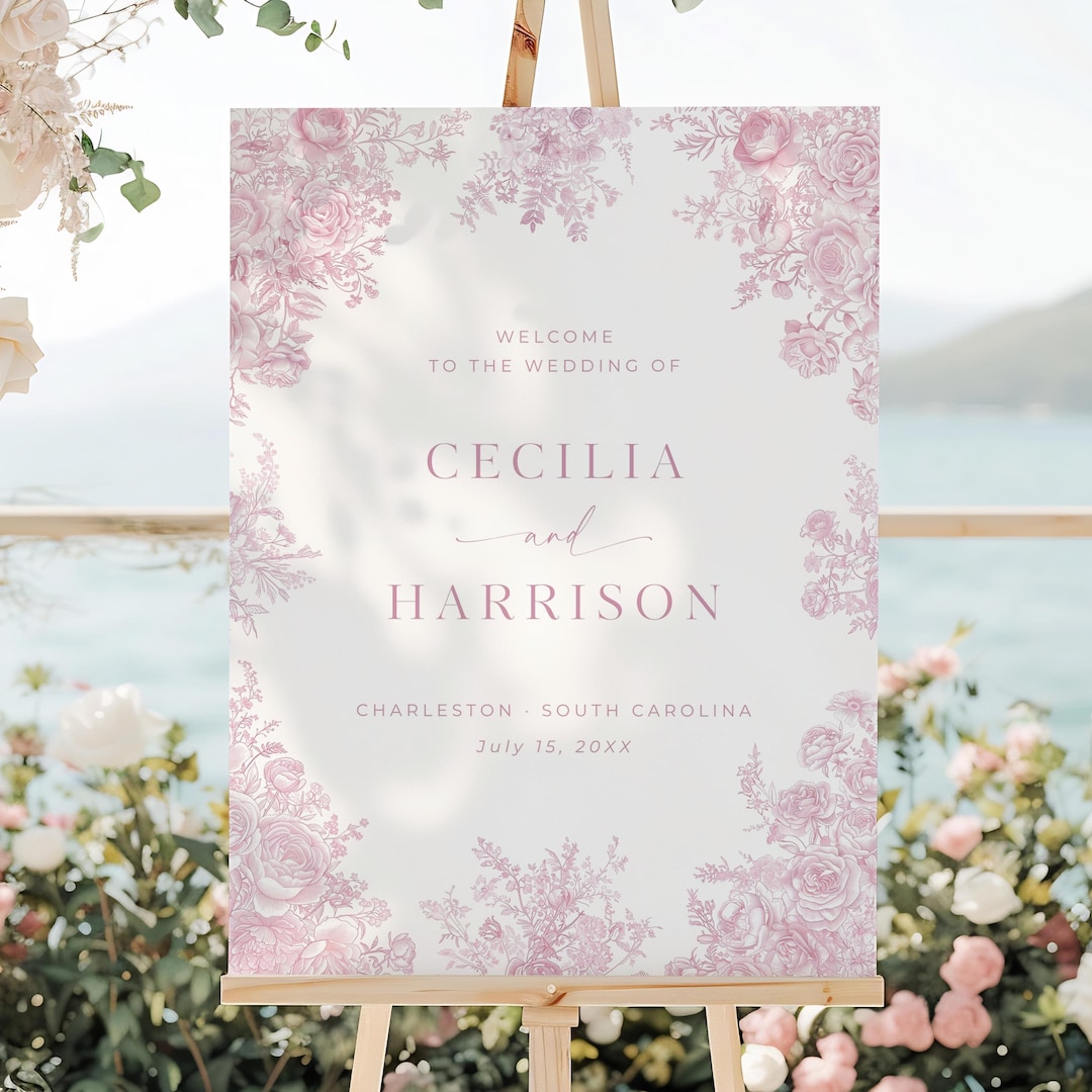 Pink Toile Wedding Welcome Sign | Dusty Rose Floral Welcome Poster ...