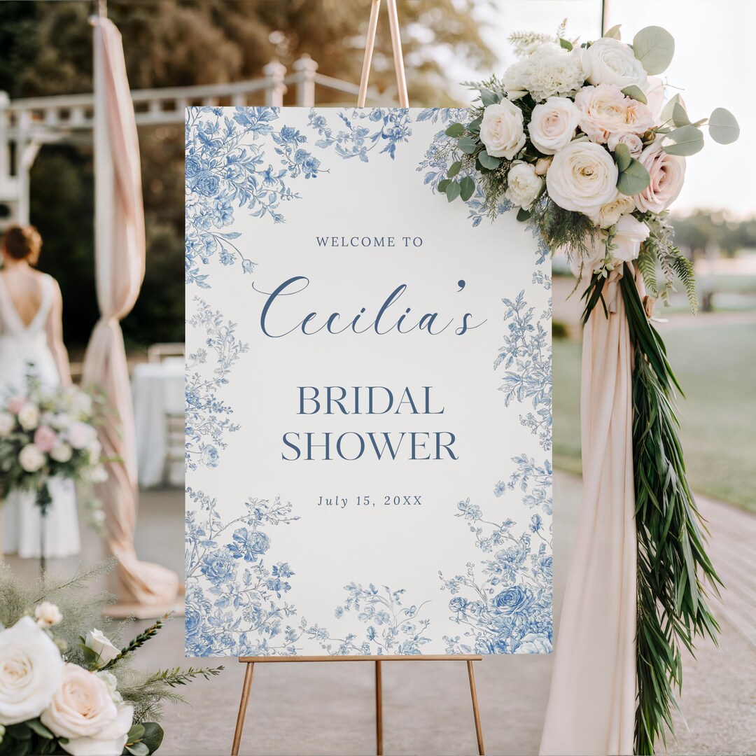 Dusty Blue Toile Bridal Shower Welcome Sign | Blue Chinoiserie Welcome ...