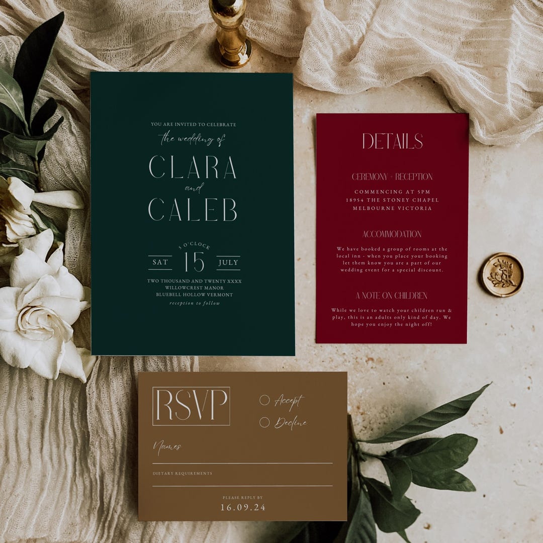 Jewel Tone Wedding Invitation Bundle, Editable Minimalist Wedding ...