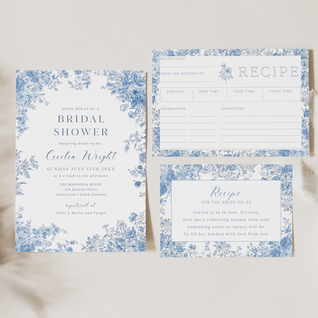 Dusty Blue Toile Bridal Shower Recipe Bundle | Chinoiserie Recipe Card ...