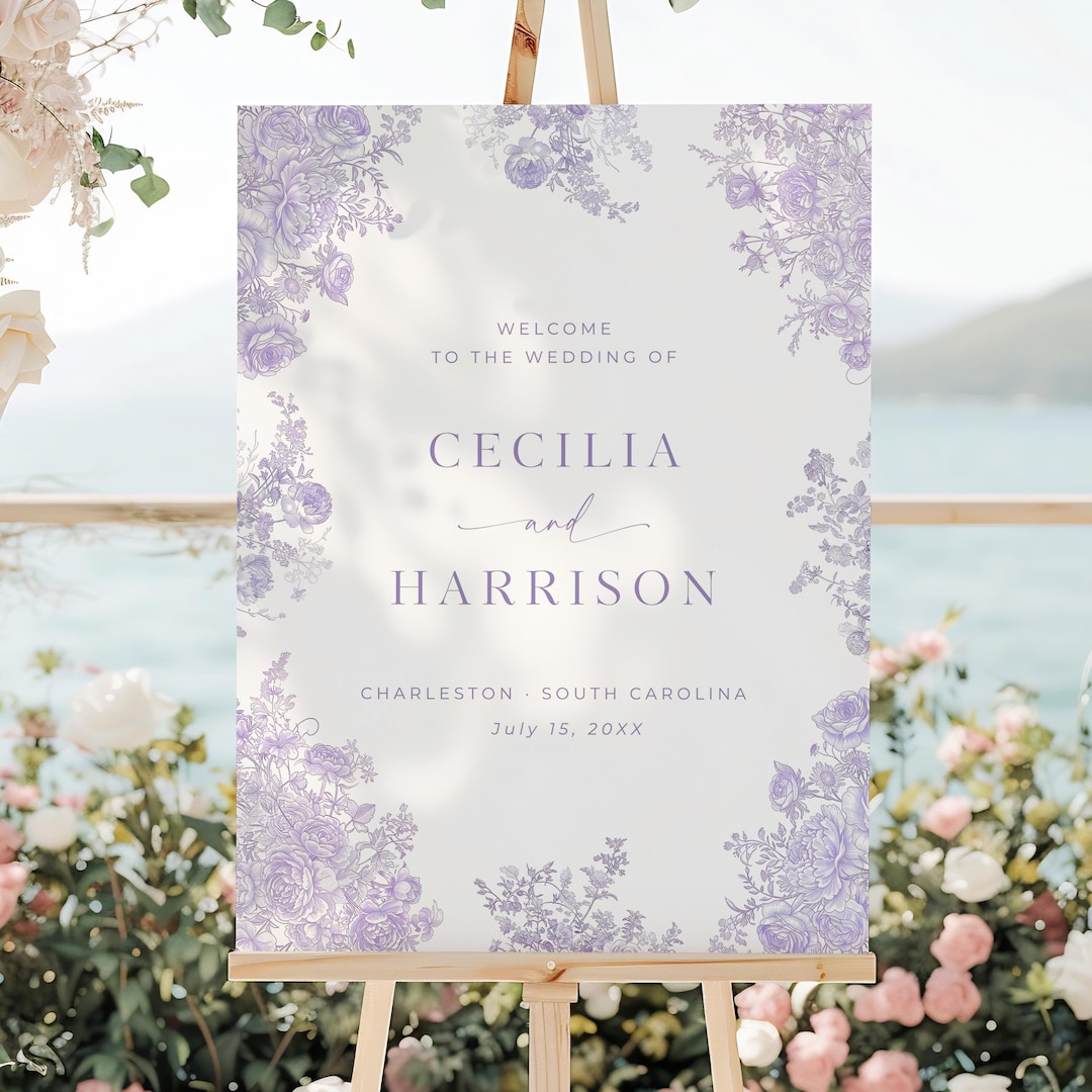 Purple Toile Wedding Welcome Sign | Lavender Floral Welcome Poster ...