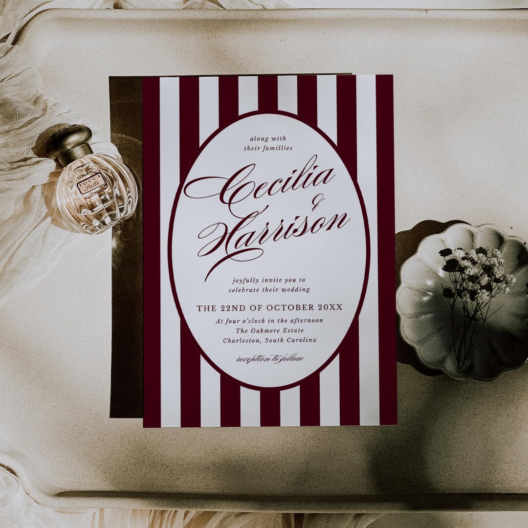 Burgundy Old Money Wedding Invitation | Retro Stripe Wedding Invite ...