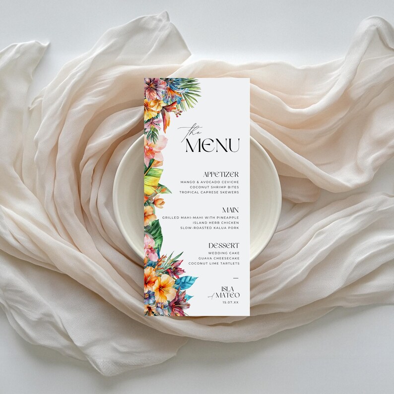Tropical Wedding Menu Template: Beach Floral Dinner Card (digital ...