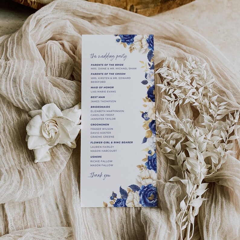 Royal Blue Floral Wedding Program: Editable Ceremony Order (canva ...