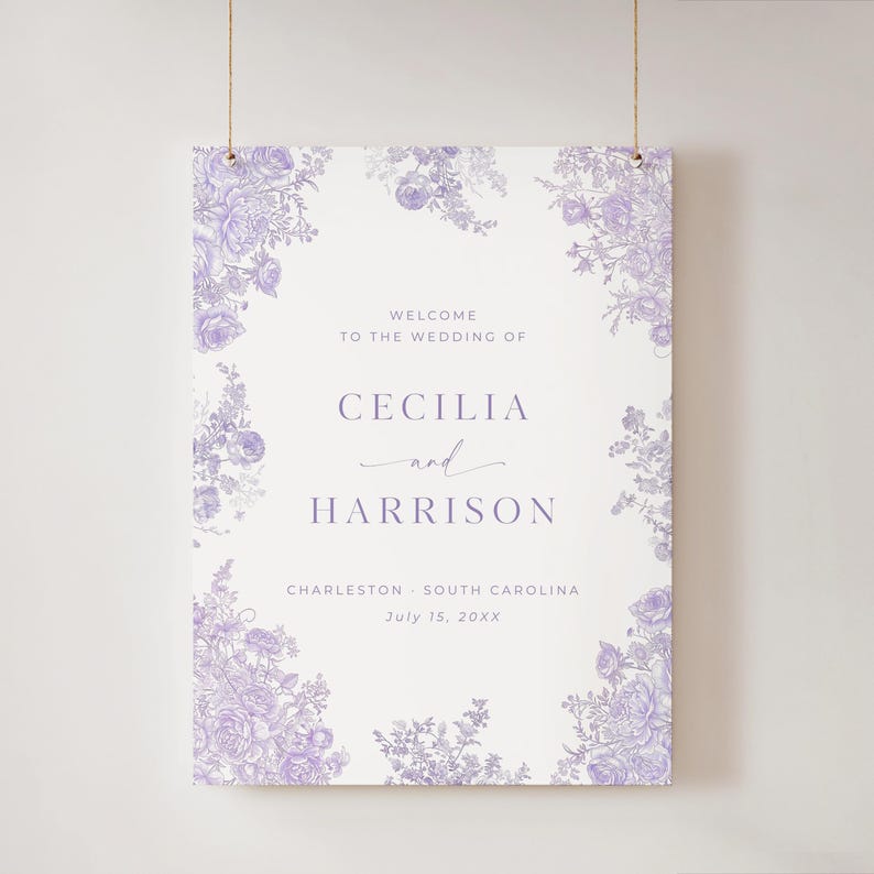 Purple Toile Wedding Welcome Sign | Lavender Floral Welcome Poster ...