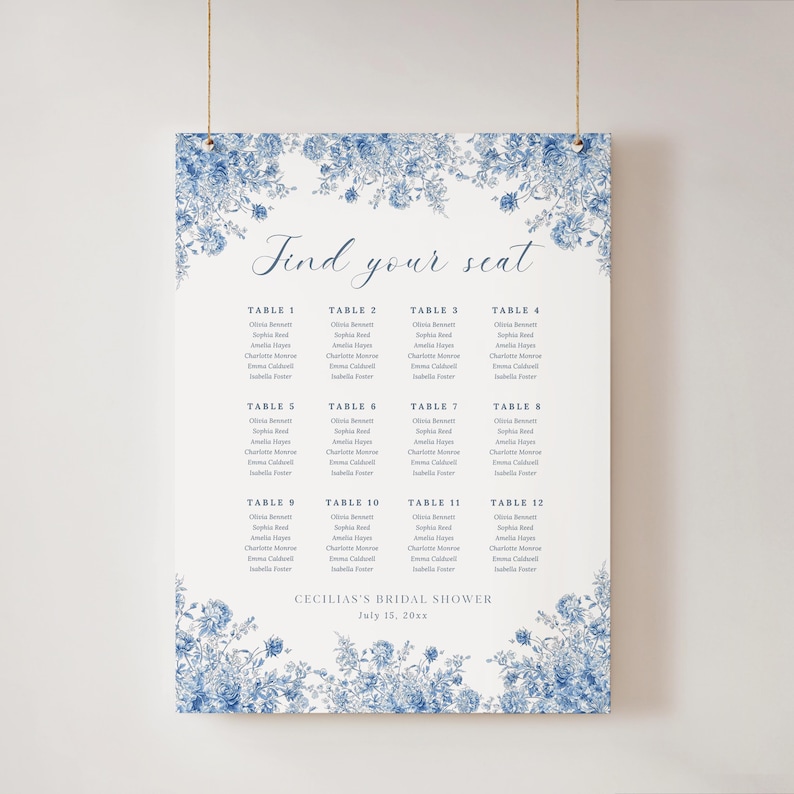 Dusty Blue Toile Bridal Shower Seating Chart | Chinoiserie Table Plan ...
