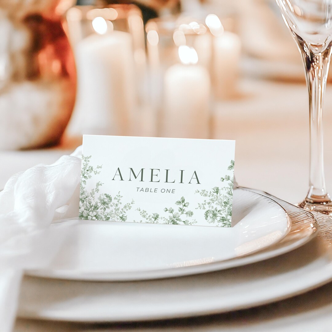 Green Toile Wedding Place Card Template | Sage Chinoiserie Name Cards ...