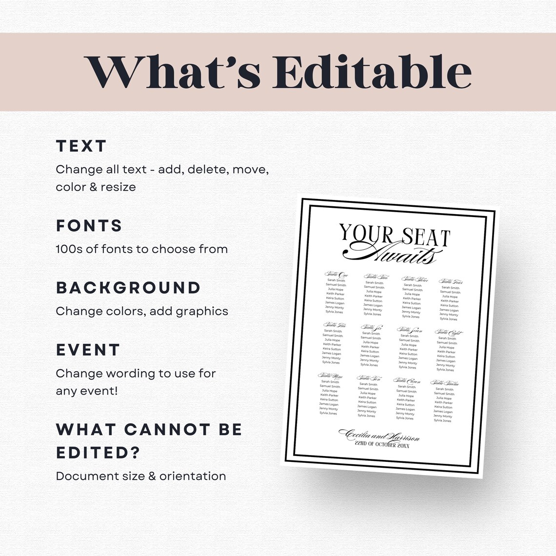 Old Money Wedding Seating Chart | Elegant Black & White Seat ...