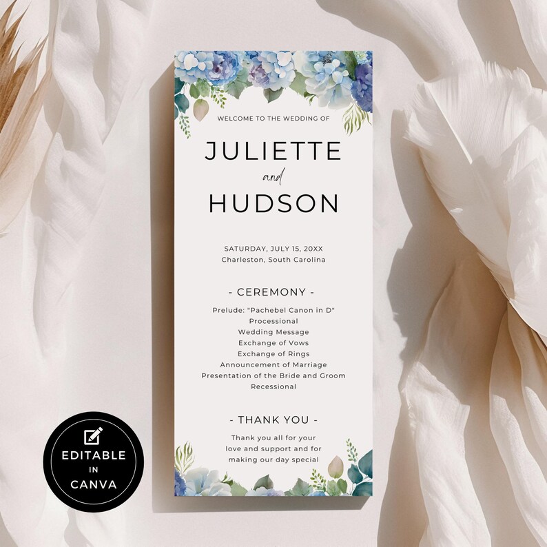 Blue Hydrangea Wedding Program, Printable Ceremony Template, Floral Order of Service Card ...