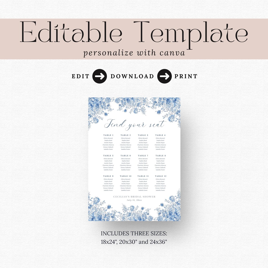 Dusty Blue Toile Bridal Shower Seating Chart | Chinoiserie Table Plan ...