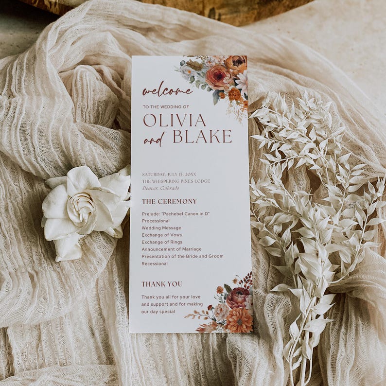 Terracotta Wedding Program Template, Fall Floral Ceremony Program ...