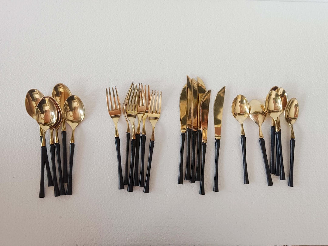 Handmade Brass Flatware Set: Indian Cutlery, 24-piece Gold Serving ...