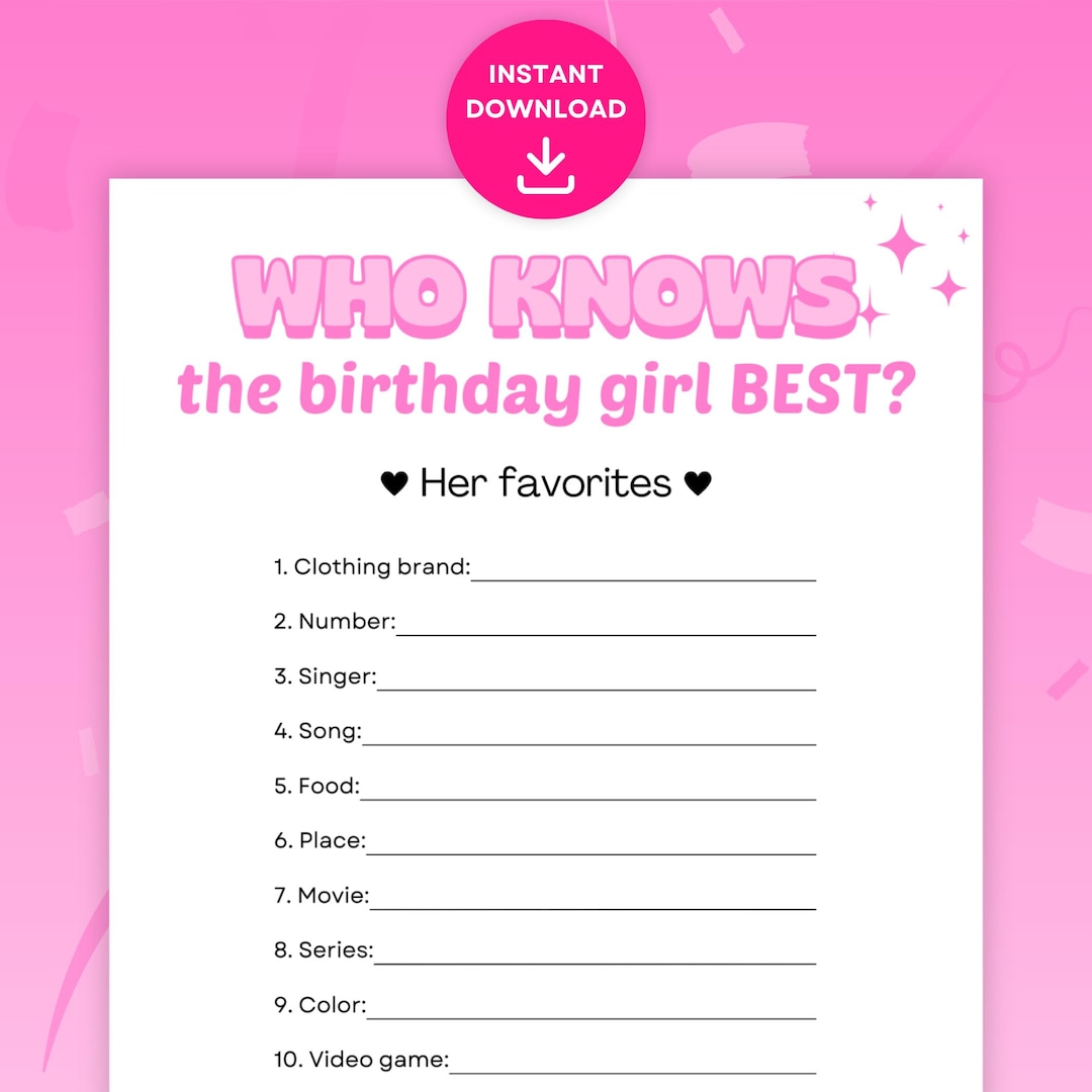 Her Favorites Birthday Game, Printable Birthday Girl Game, Birthday ...