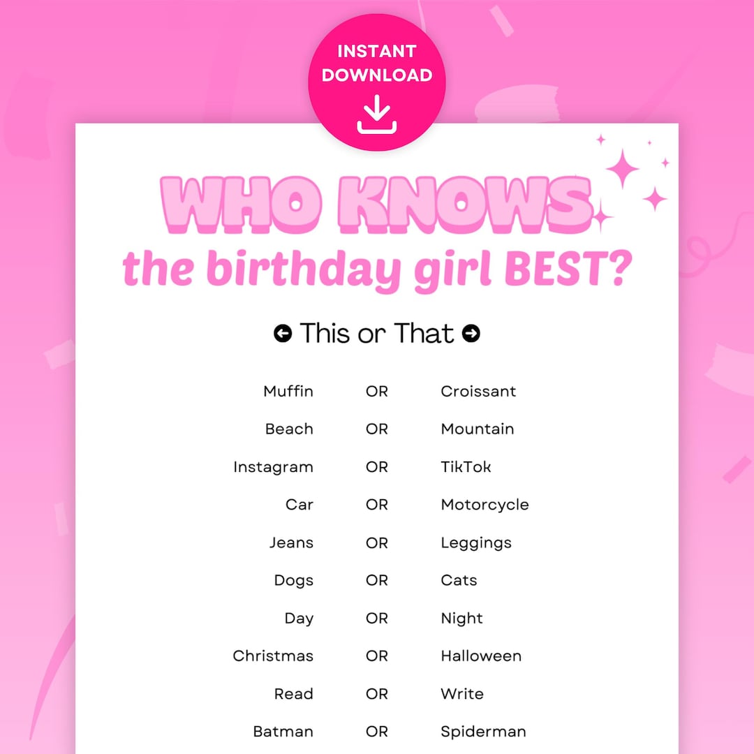 This or That Birthday Game, Printable Birthday Girl Game, Birthday Girl ...