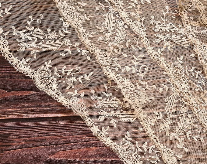 Two Lengths Antique French Embroidered Tulle Lace, Victorian Laces and ...