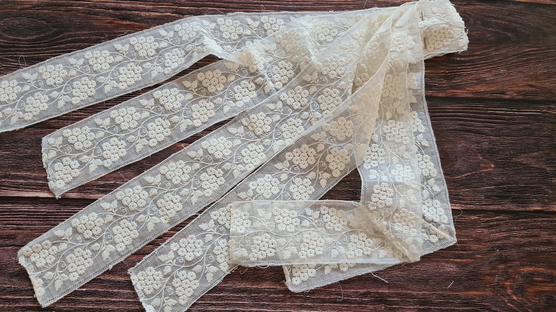 Antique White Hand Embroidered Border, White Floral Embroidered Trim ...