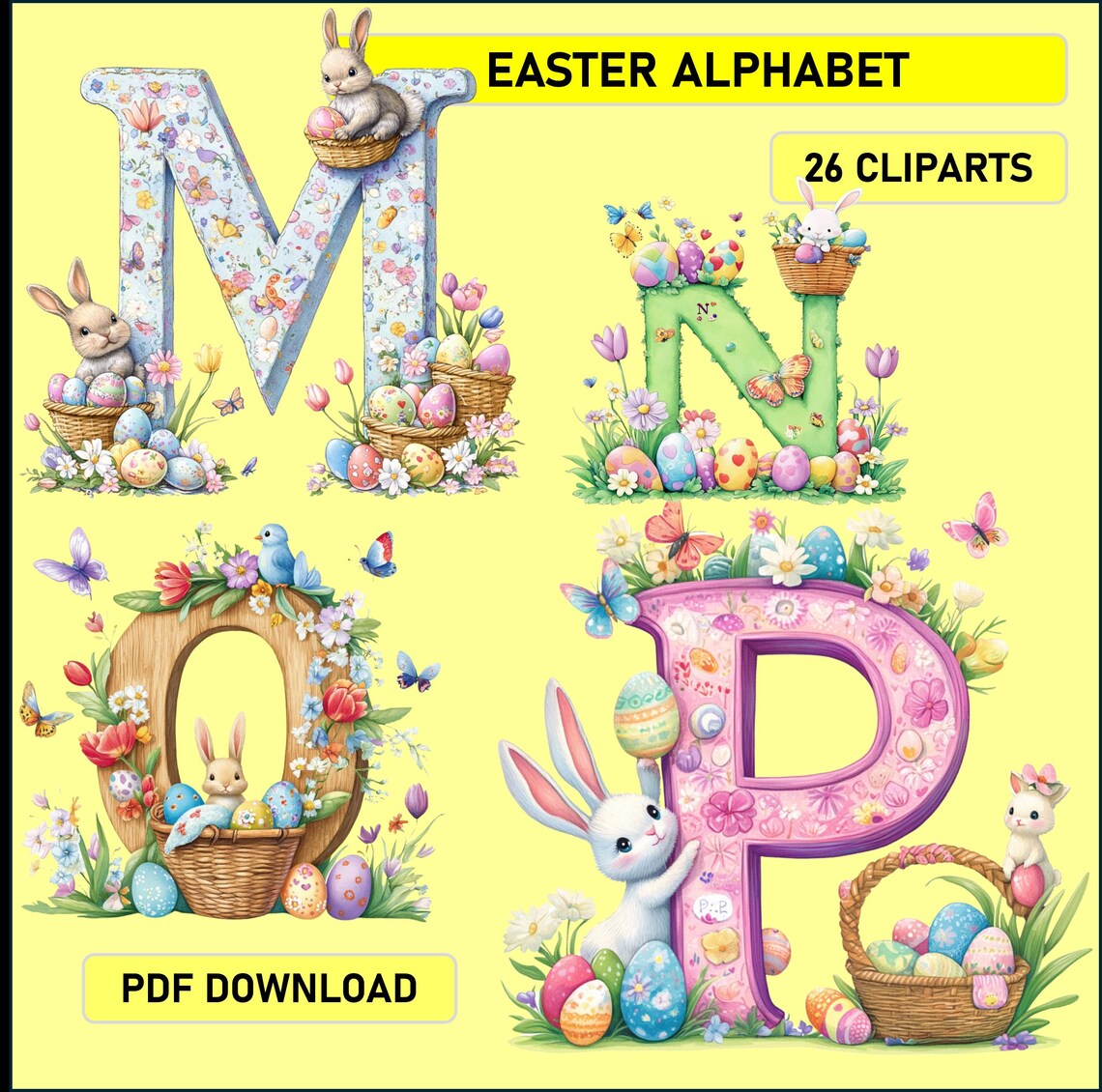 Easter Bunny Alphabet, Easter Clipart, Bunny PNG, Alphabet Clipart PNG ...