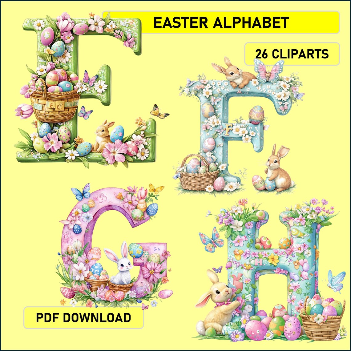 Easter Bunny Alphabet, Easter Clipart, Bunny PNG, Alphabet Clipart PNG ...
