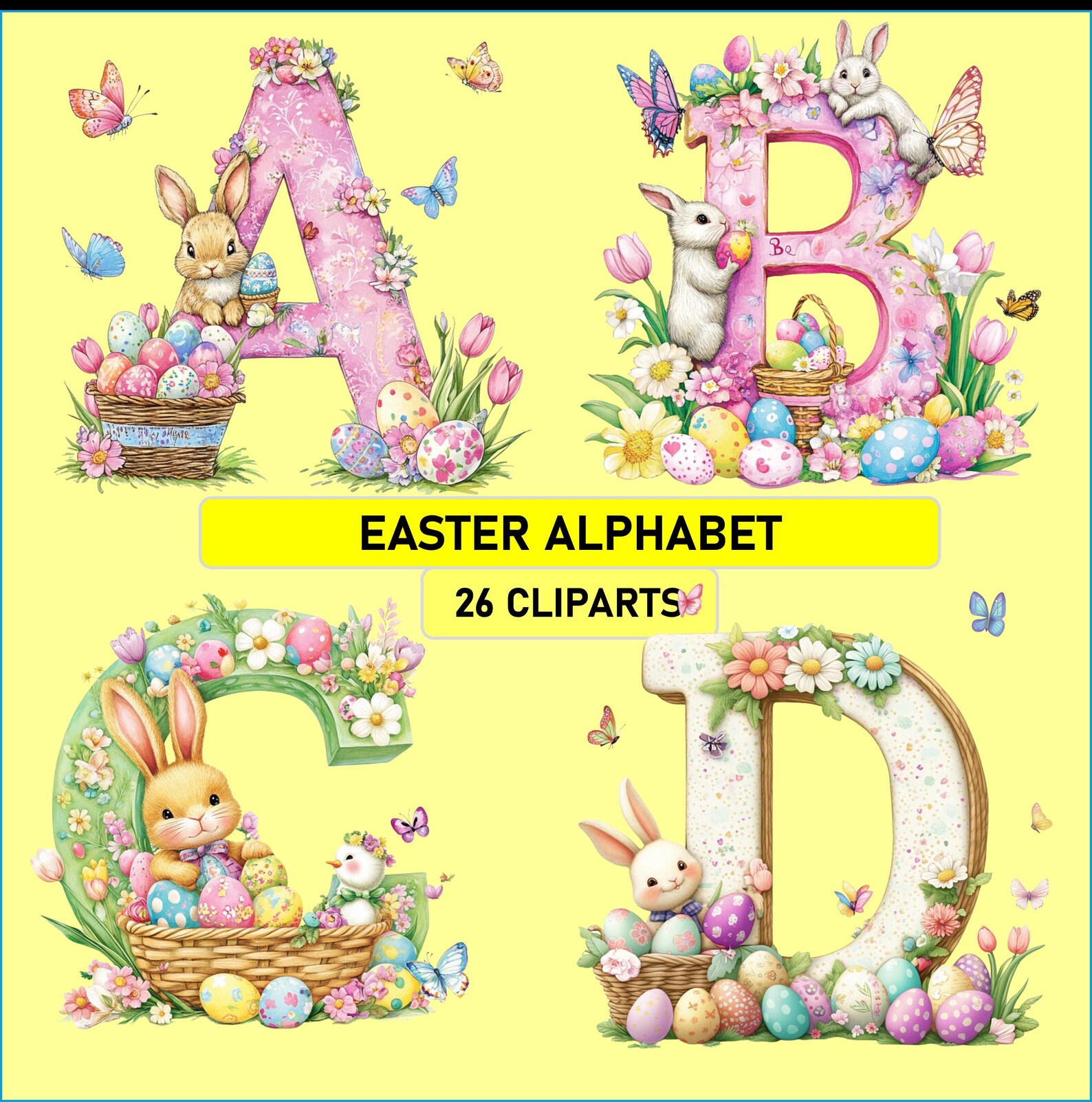 Easter Bunny Alphabet, Easter Clipart, Bunny PNG, Alphabet Clipart PNG ...