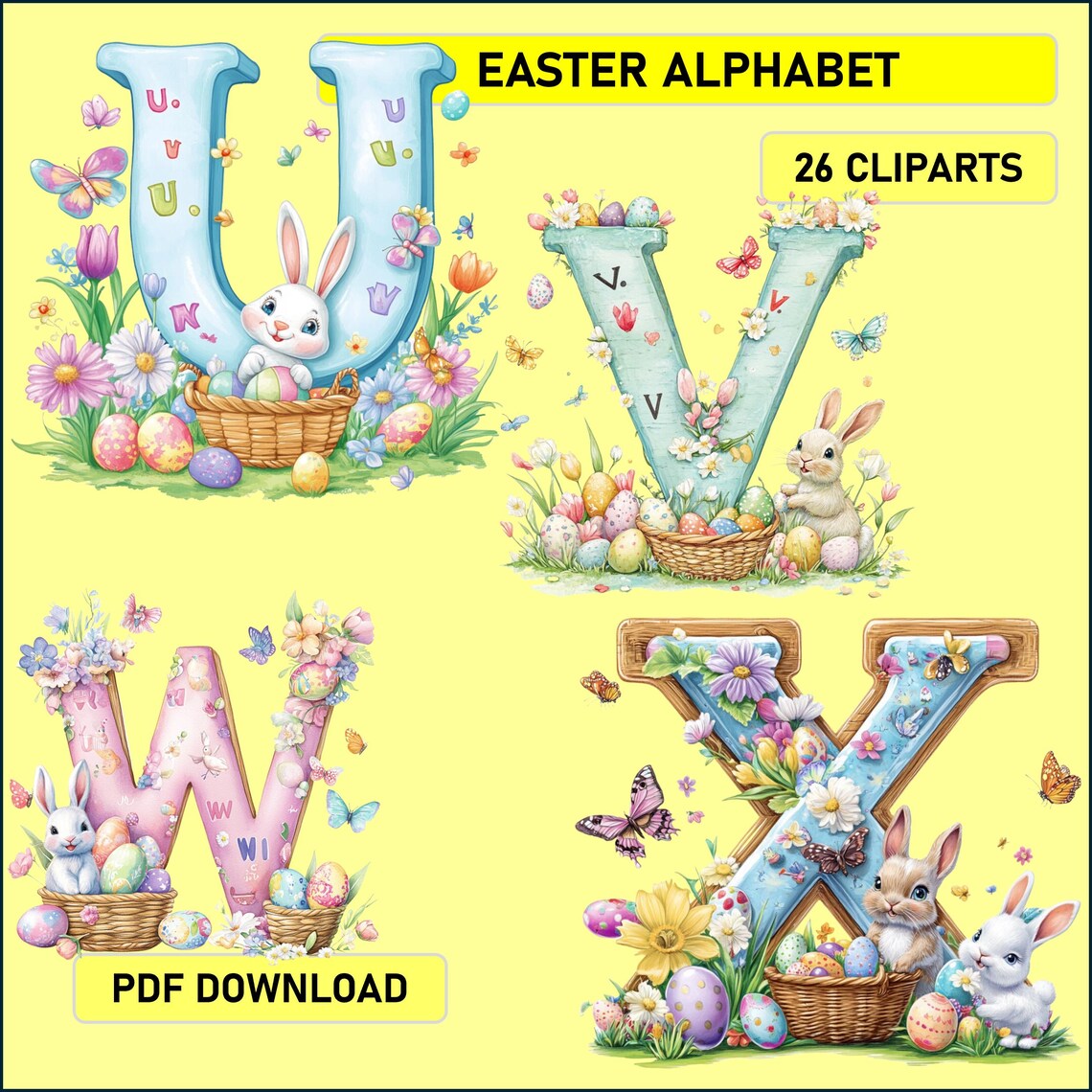 Easter Bunny Alphabet, Easter Clipart, Bunny PNG, Alphabet Clipart PNG ...