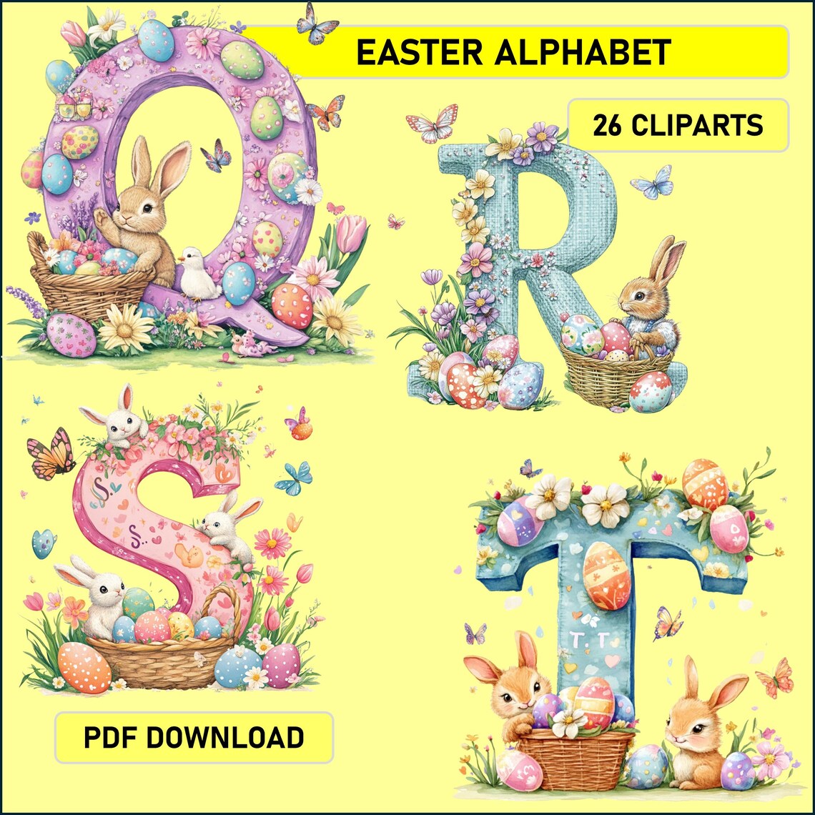 Easter Bunny Alphabet, Easter Clipart, Bunny PNG, Alphabet Clipart PNG ...