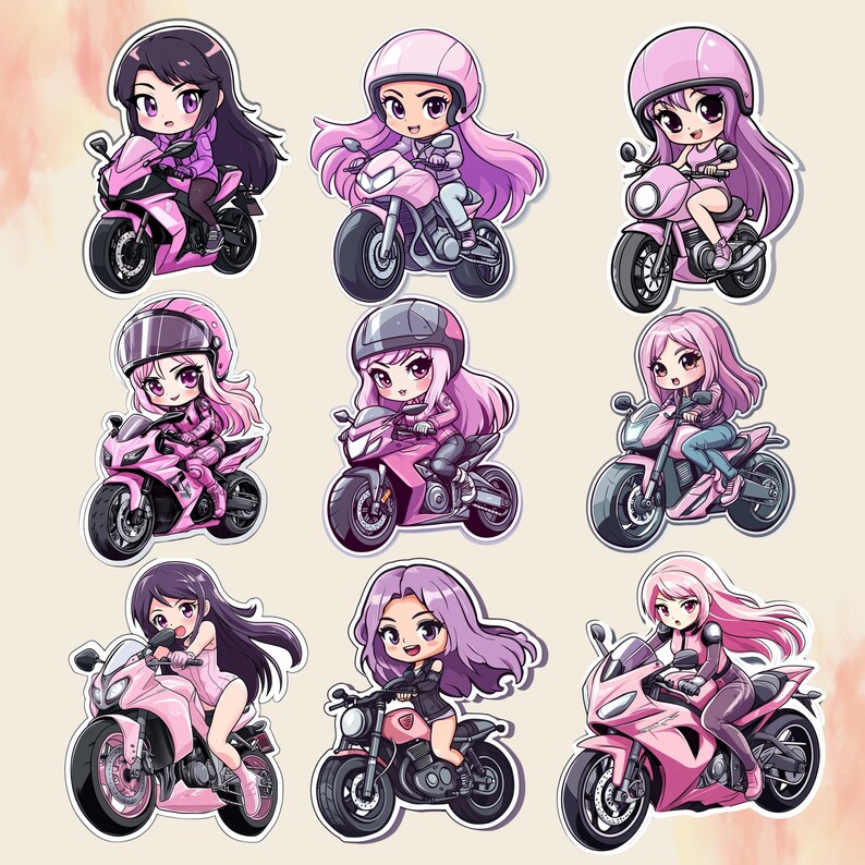 Kawaii Anime Biker Sticker Clipart Bundle Cartoon Bundle Clipart ...