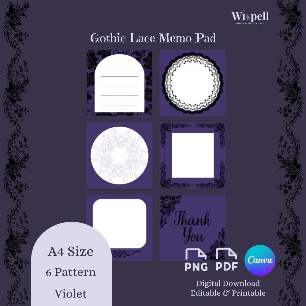 Gothic Lace Memo Pad, Editable & Printable, Gothic Lace Notepad, Canva ...