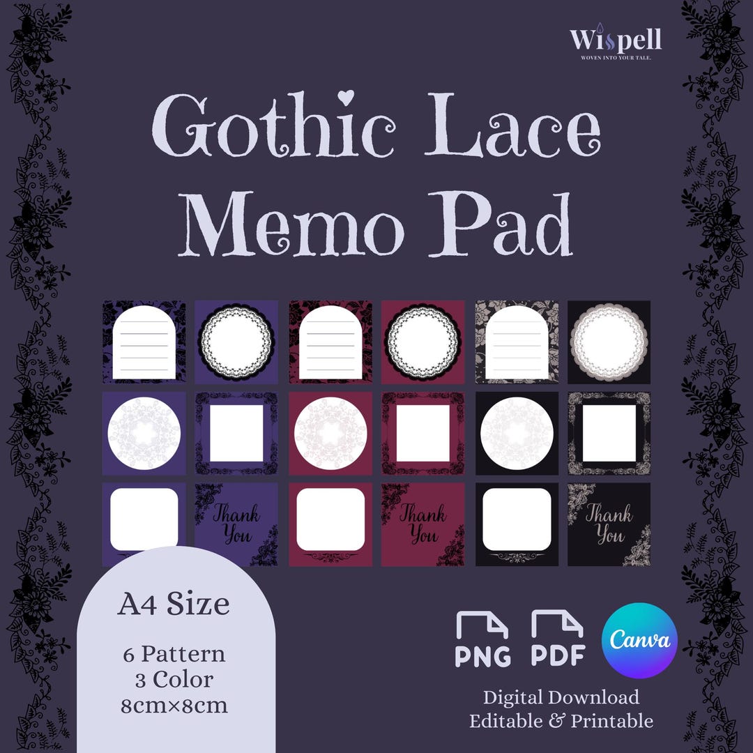 Gothic Lace Memo Pad, Editable & Printable, Gothic Lace Notepad, Canva ...