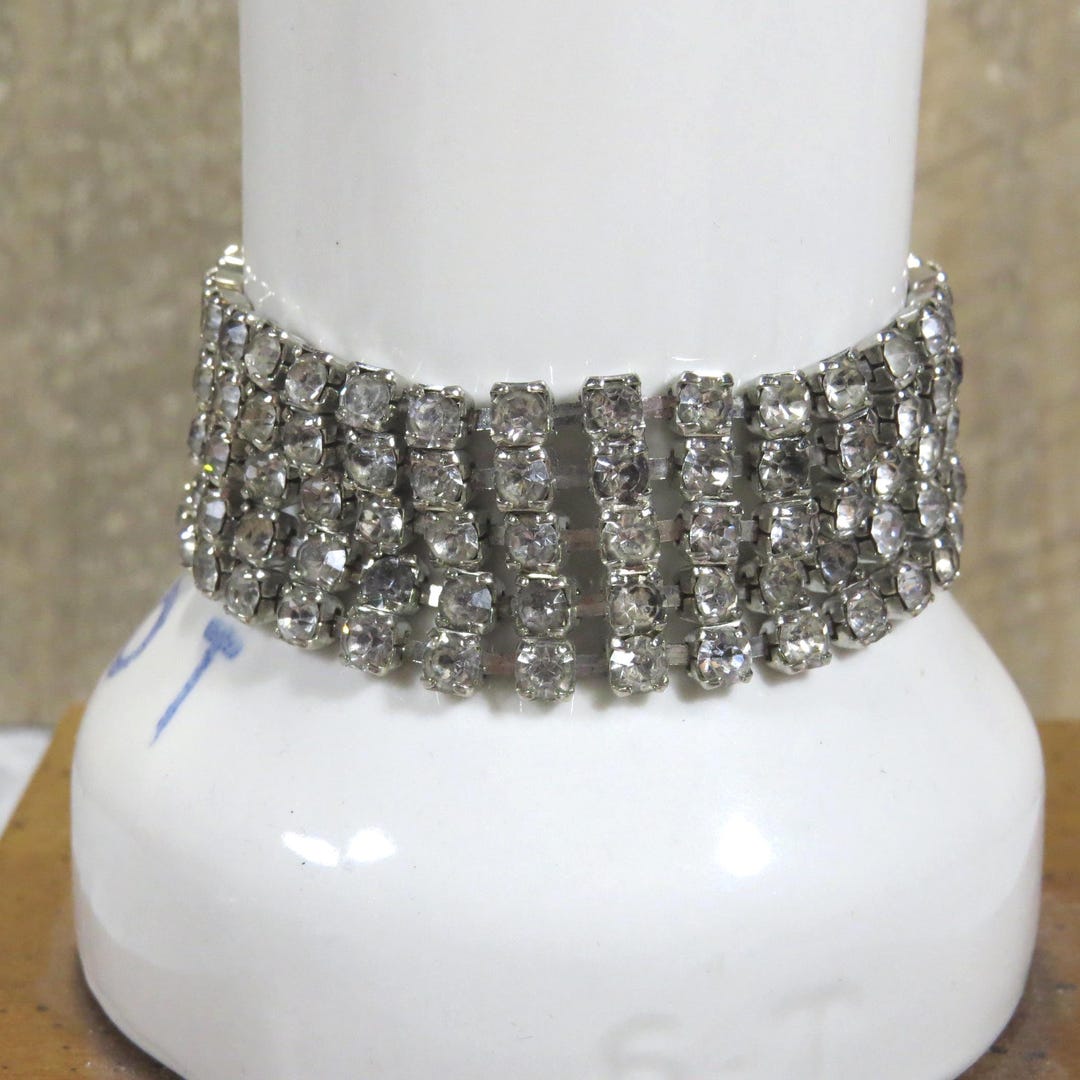 Vintage Five Row Rhinestone Bracelet, Silver Tone Sparkle Link Bracelet ...