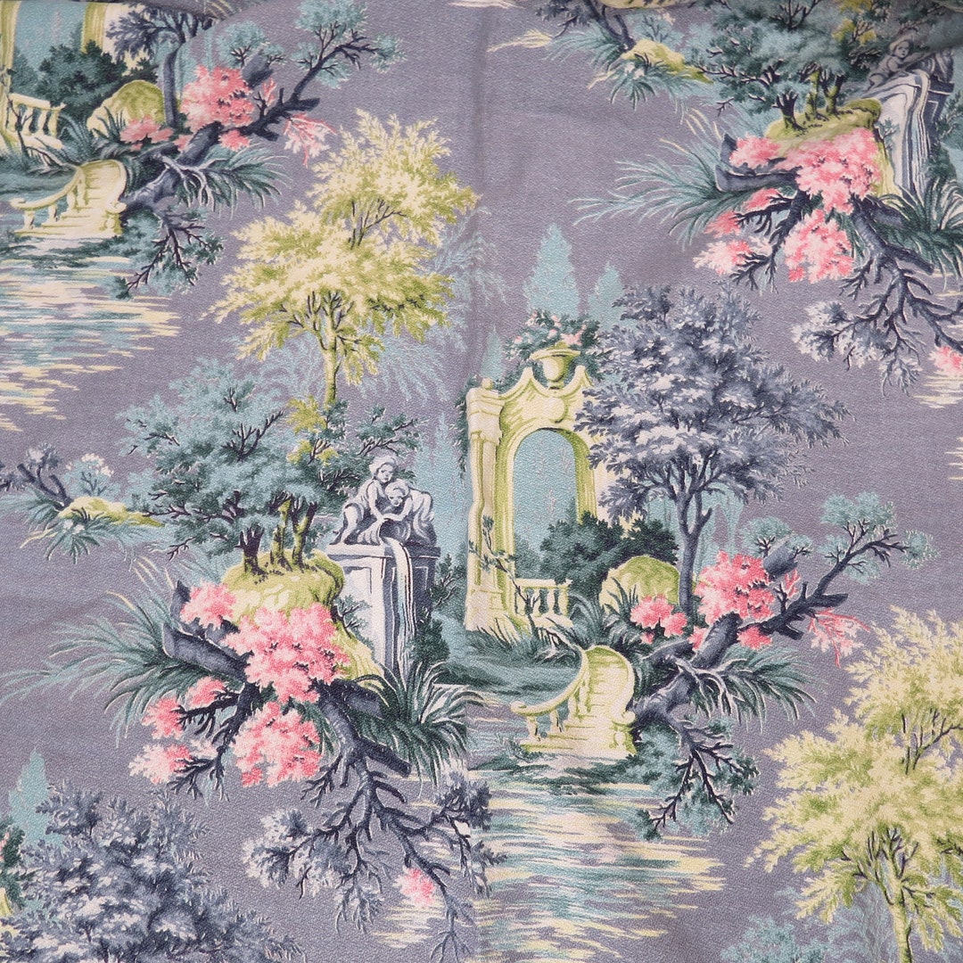 Vintage Romantic Garden Barkcloth Fabric Curtain Panel 78L X 42 W ...