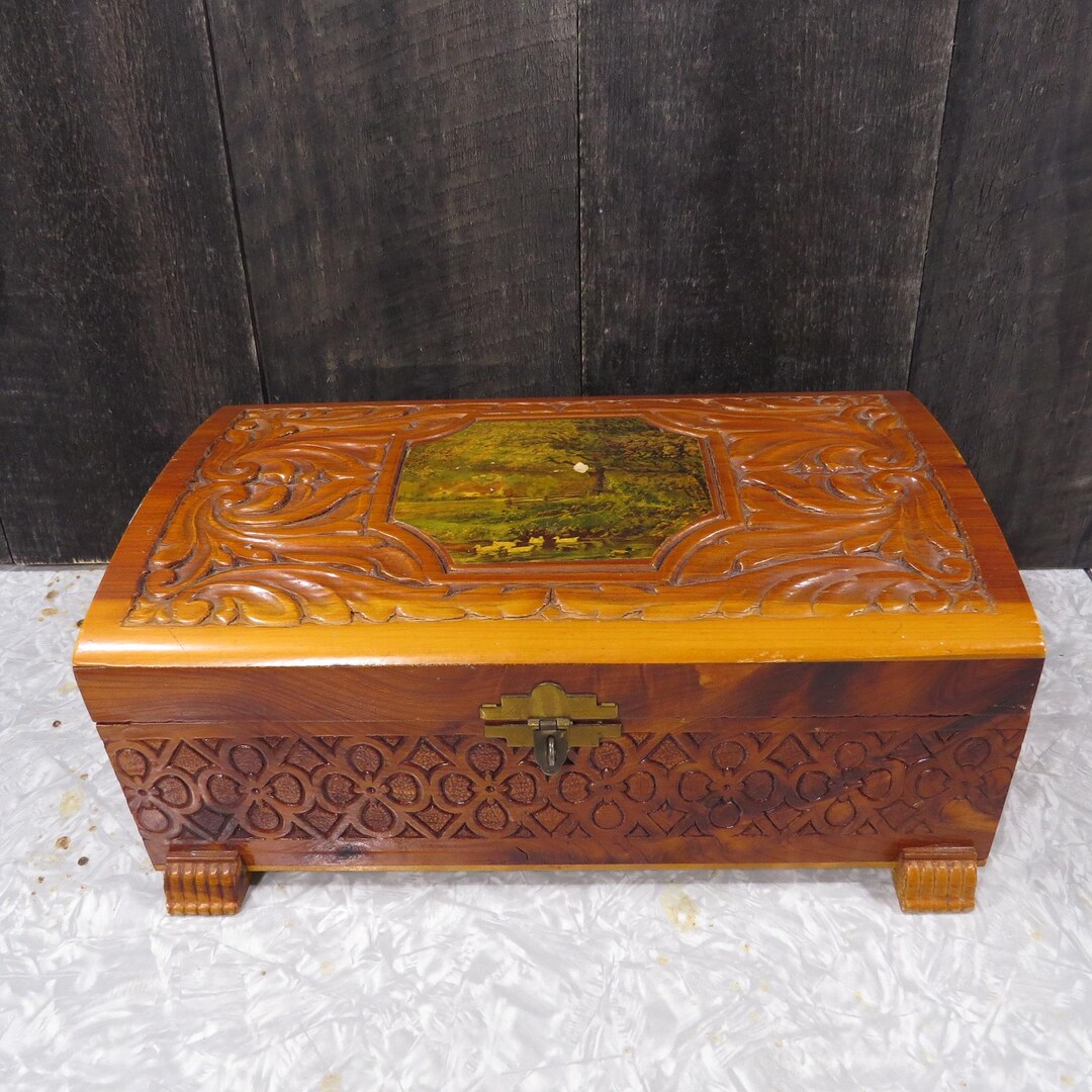 Vintage Cedar Box Cottage Scene Carved Top Treasure Keepsake Chest ...