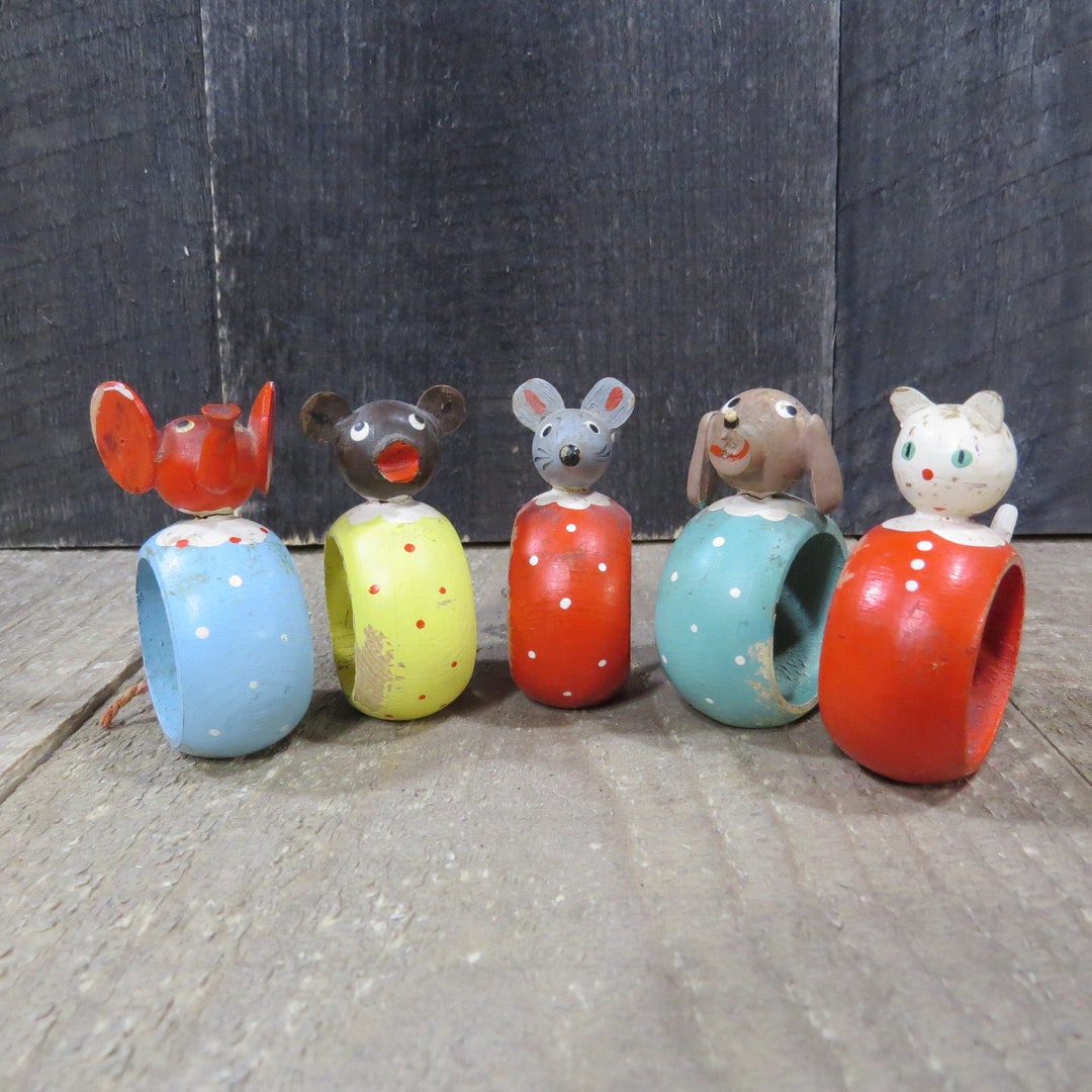 Vintage Wood Animal Napkin Rings, Midcentury Elephant, Bear, Mouse, Dog ...