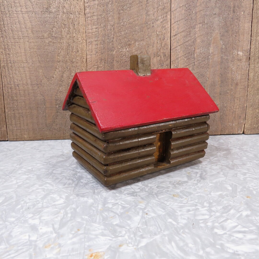 Midcentury Rustic Decor Red Roof Log Cabin, Vintage Wood Log Cabin Bank ...