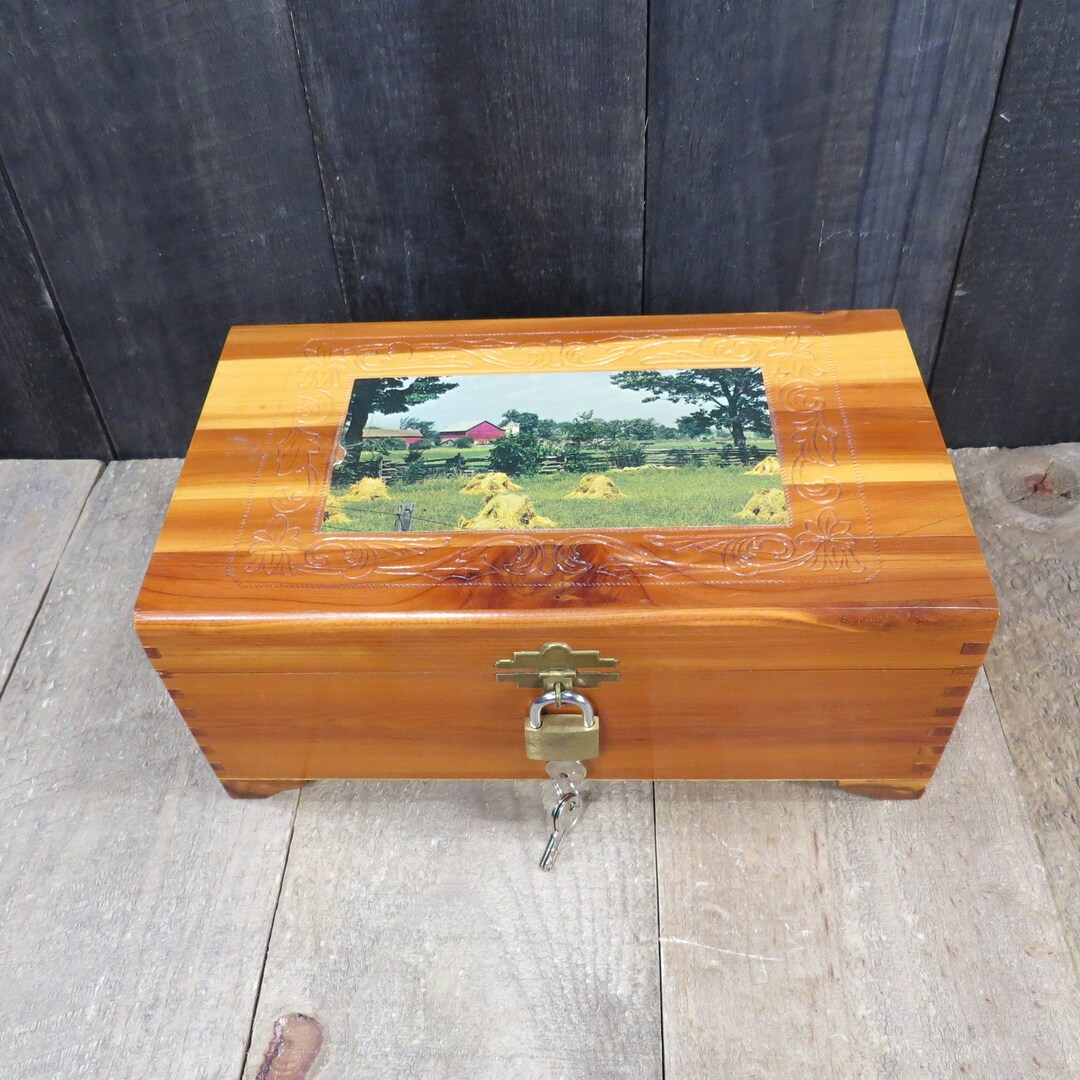Vintage Cedar Wood Box Farm Litho, 1950s Treasure Chest With Lock and ...