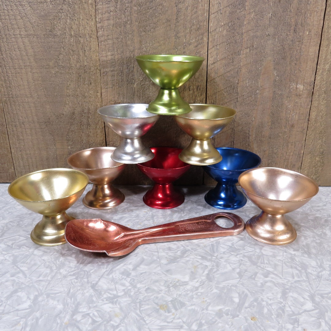 Vintage Aluminum Ice Cream Cups and Scoop Set, Colorful Midcentury ...