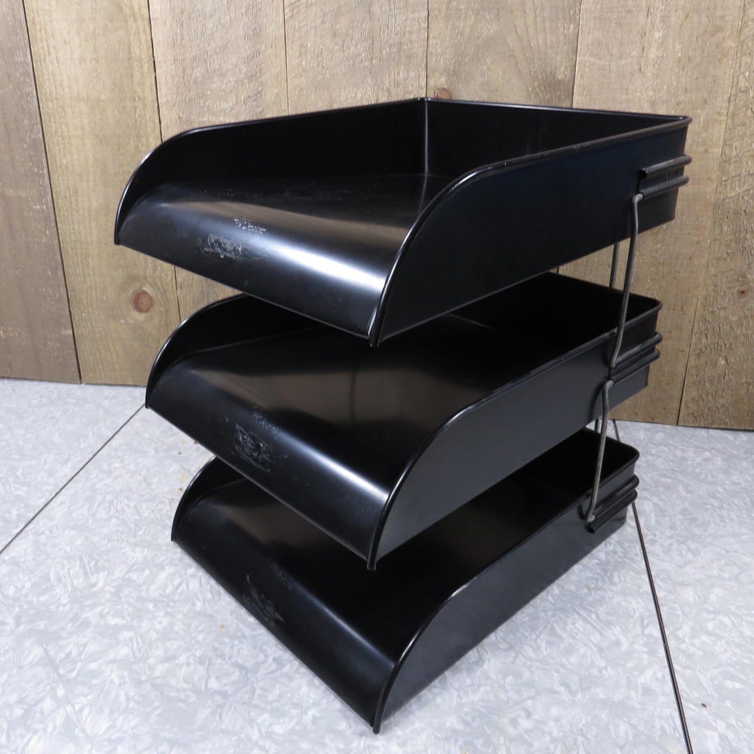 Vintage Black Three Tier Metal File Tray Desk Organizer, Midcentury ...