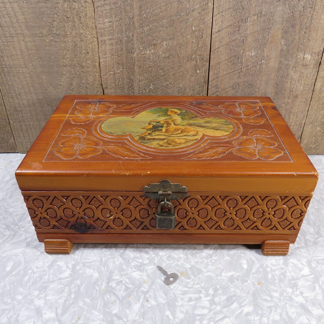 Vintage Cedar Box Boy With Dog Floral Carving, 1940s 1950s Cedar ...