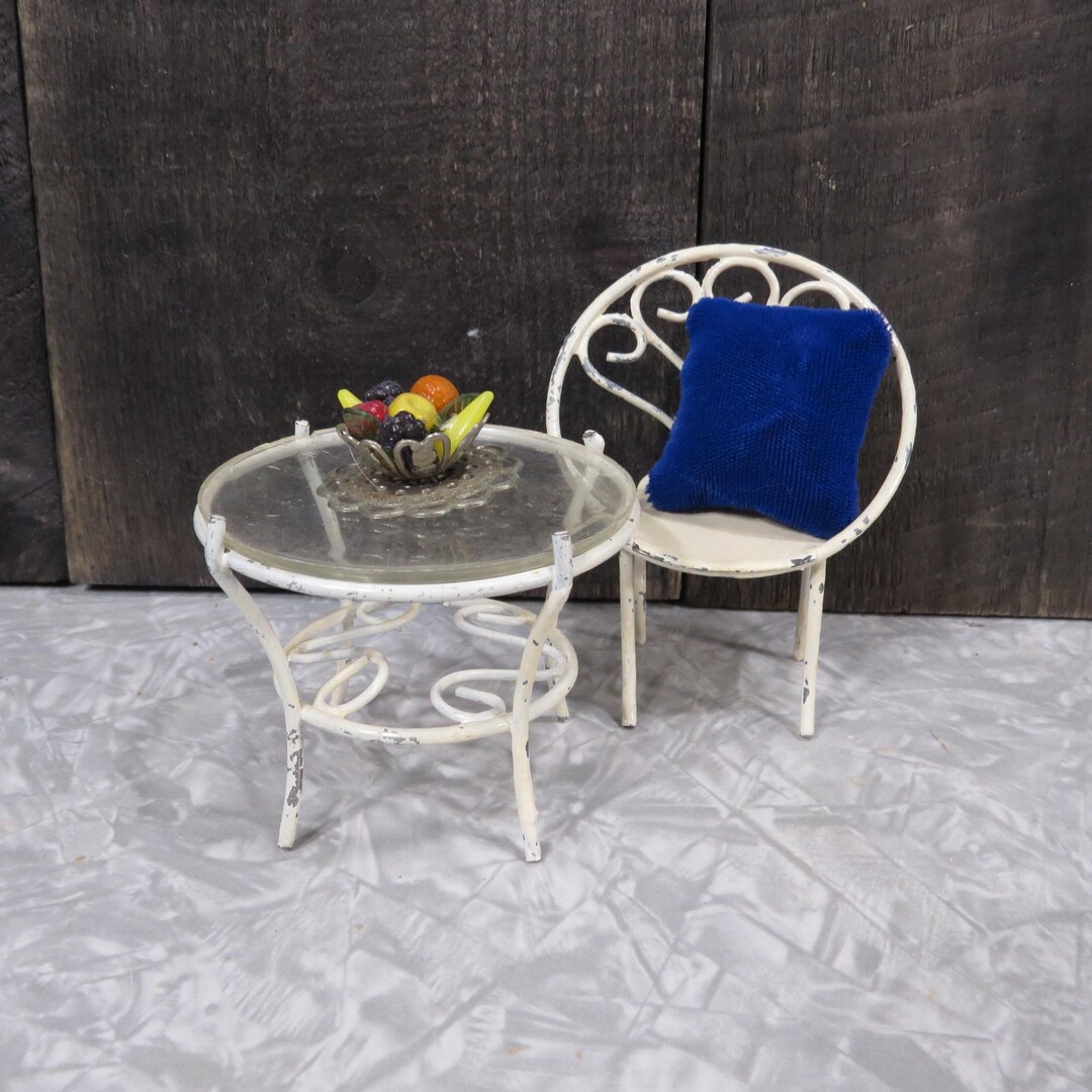 Vintage Miniature White Metal Patio Chair and Table Dollhouse Furniture ...