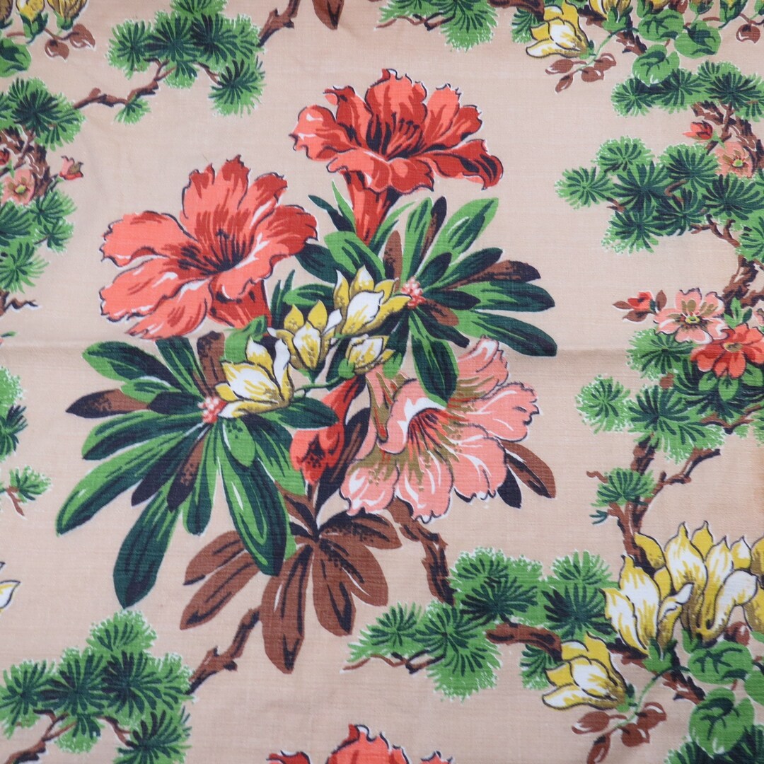 Vintage Boca Barkcloth Fabric Panels, Mid-century Tropical Floral Print ...