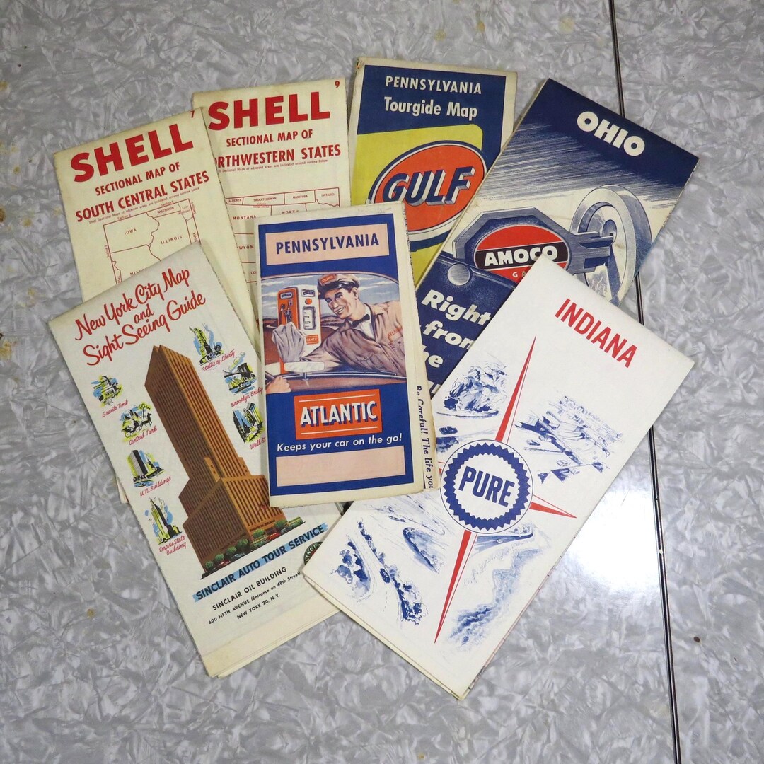 Vintage Road Map Lot – 7 Gas Station Maps & Guides, Shell, Gulf, Amoco ...