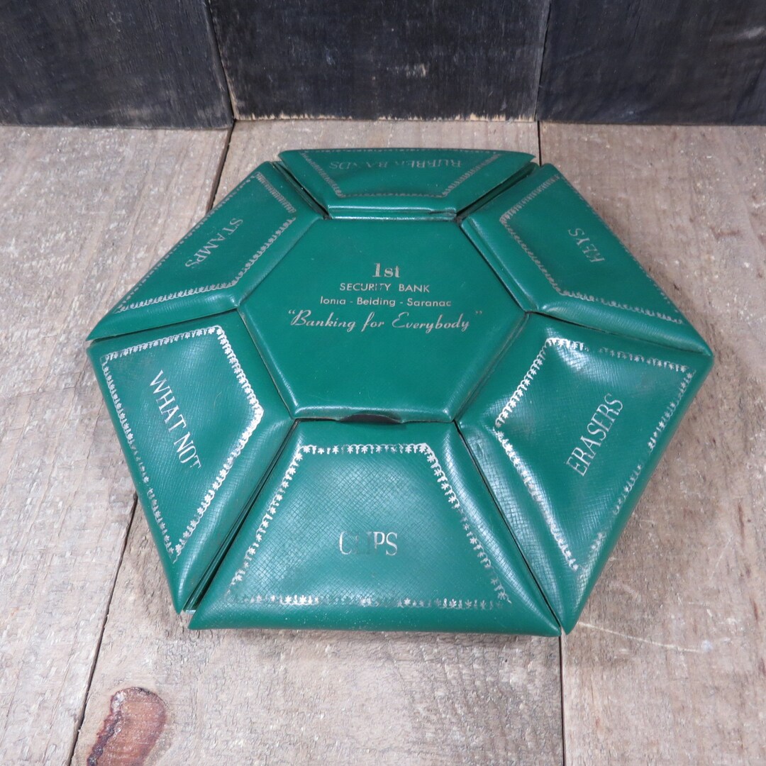 Vintage Vinyl Green and Gold Trim Multi Compartment Hexagon Desktop ...