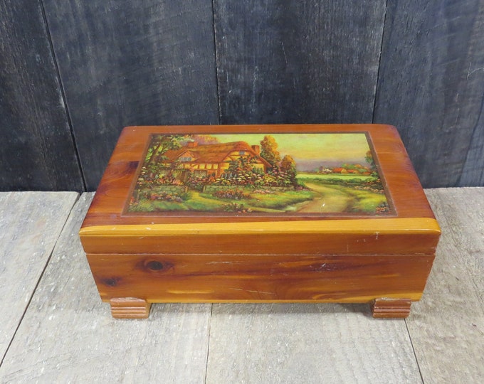 Vintage Cedar Wood Box English Cottage Scene, Midcentury Cedar Treasure ...