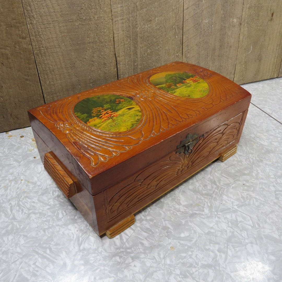 Vintage Cedar Box With Double Picture and Floral Carving Treasure ...