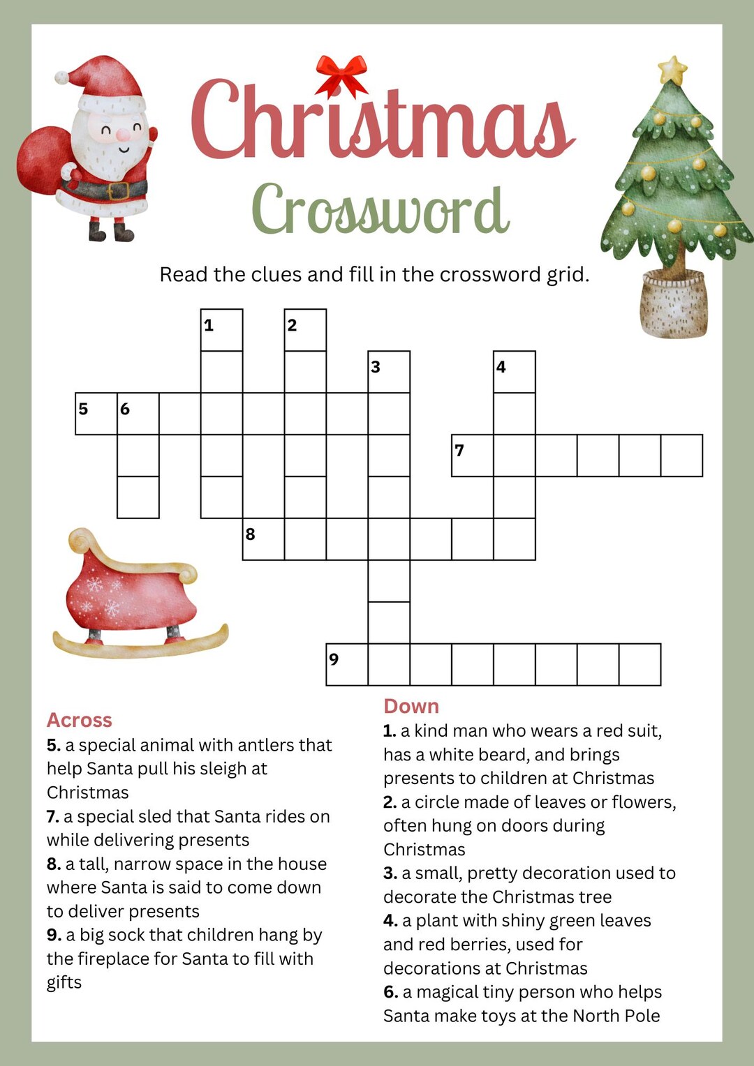 Christmas Crossword Puzzle Worksheet – Fun Holiday Activity for Kids - Etsy