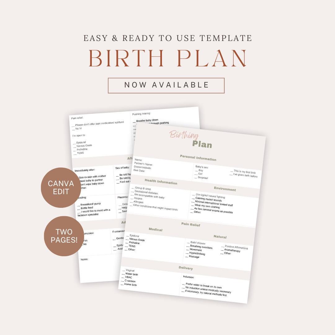 Birth Plan Template Printable Natural Birth Plan Template for Hospital ...