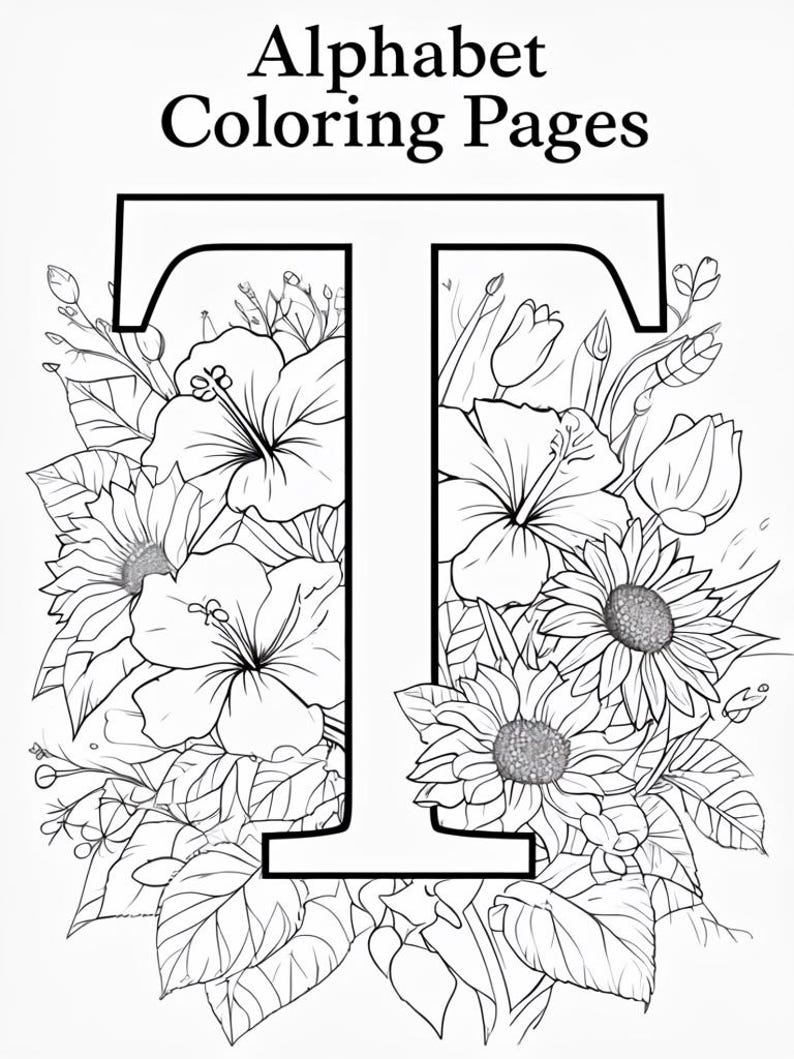 Coloring Pages P-T. Floral Coloring Pages. Alphabet Coloring Pages - Etsy