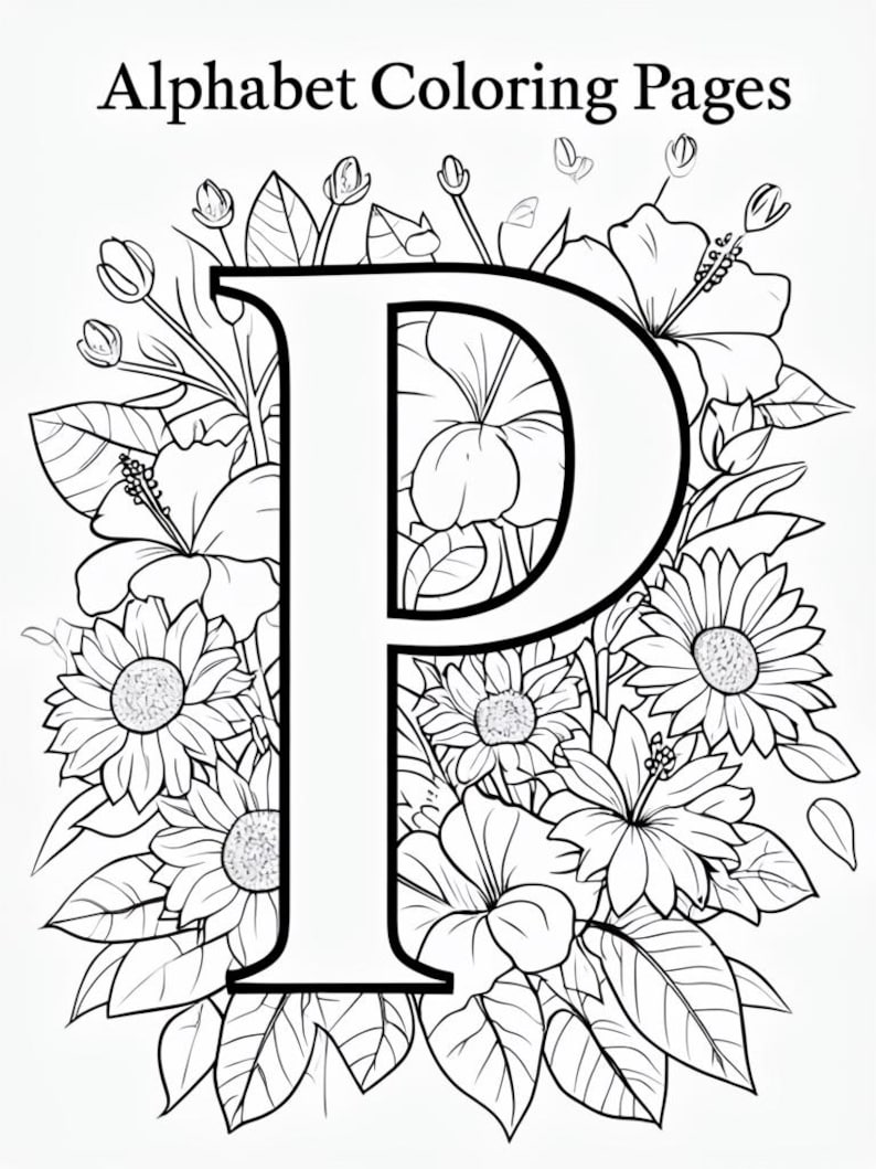 Coloring Pages P-T. Floral Coloring Pages. Alphabet Coloring Pages - Etsy