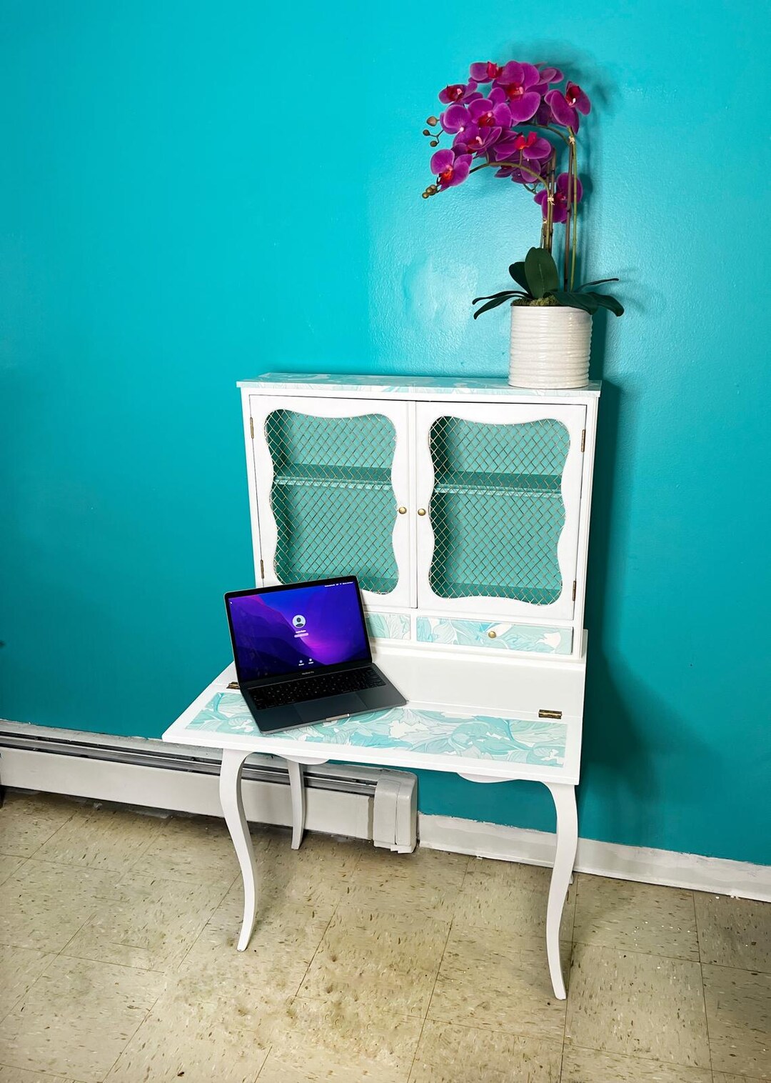 Vintage French Provincial Drop Down Top Hutch Desk Blue Turquoise White ...